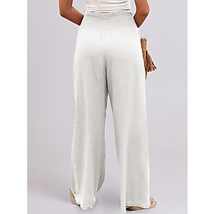 Caracilia Flowy Pants for Women Summer Beach Linen Wide Leg High WAIS Smocked Trousers Casual Lightweight Vacation Palazzo Lounge Pant with Pocket White C109A1-mibai-XL,X-Large