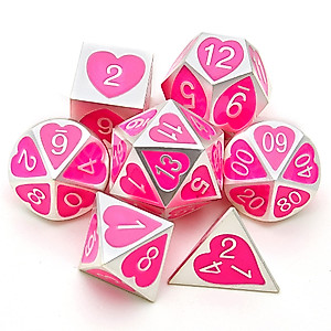 DND Metal dice Set, Heart-Shaped Pink Polyhedron 7-Piece Set, Suitable for Dungeon and Dragon RPG MTG or Board Game D &D Pathfinder, etc.