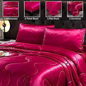 Sisher 5Pcs Silk Comforter Set Queen Bedding Set Red Satin Silky Soft Bed in A Bag Luxury Quilt Comforter&Sheets (1 Comforter, 2 Pillowcases, 1 Flat Sheet, 1 Fitted Sheet)