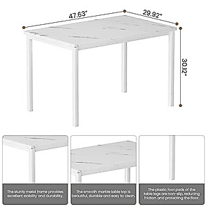 Recaceik Dining Table Set for 4, Kitchen Table and Chairs for 4, Faux Marble Kitchen Table Set with 4 Upholstered PU Leather Chairs, Dining Room Table Set for Kitchen Dining Room (White & White)