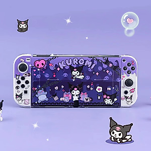 Eamily Cute Kuromi Case Compatible with Nintendo Switch OLED, Dockable Case Cover, Ergonomic Soft TPU Grip Case for Joycon, Sparkle Skin Set
