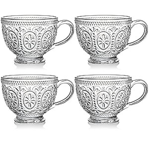 Bekith Set of 4 Glass Coffee Mugs 13 Ounces, Vintage Glass Coffee Mugs with Spoons, Clear Embossed Glass Cups Set for Cappuccino, Latte, Cereal, Yogurt, Tea, Beverage Hot/Cold