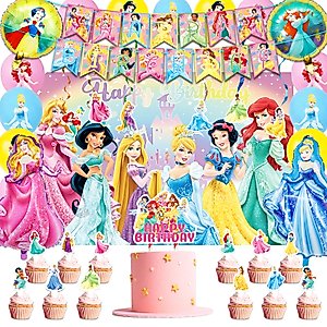 Princess Birthday Decorations - Princess Party Decorations include Banner Backdrop Ballons Cake Cupcake Toppers Haning Swirls, Princess Birthday Party Supplies
