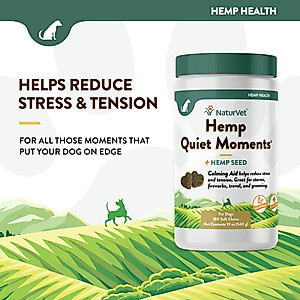 NaturVet Quiet Moments Calming Aid Dog Supplement, Helps Promote Relaxation, Reduce Stress, Storm Anxiety, Motion Sickness for Dogs (Quiet Moments Plus Hemp, 180 Soft Chews)
