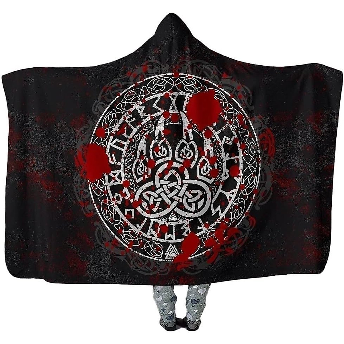 BURNAR Medieval 3D Printing Hooded Blanket Warm Bear Claw Vegvisir Rune Unisex Winter Wearable Hooded Blanket Double Layer Thick Plush Wool Blanket Cloak (Color : Blanket, Size : 80x60in/150x200cm)