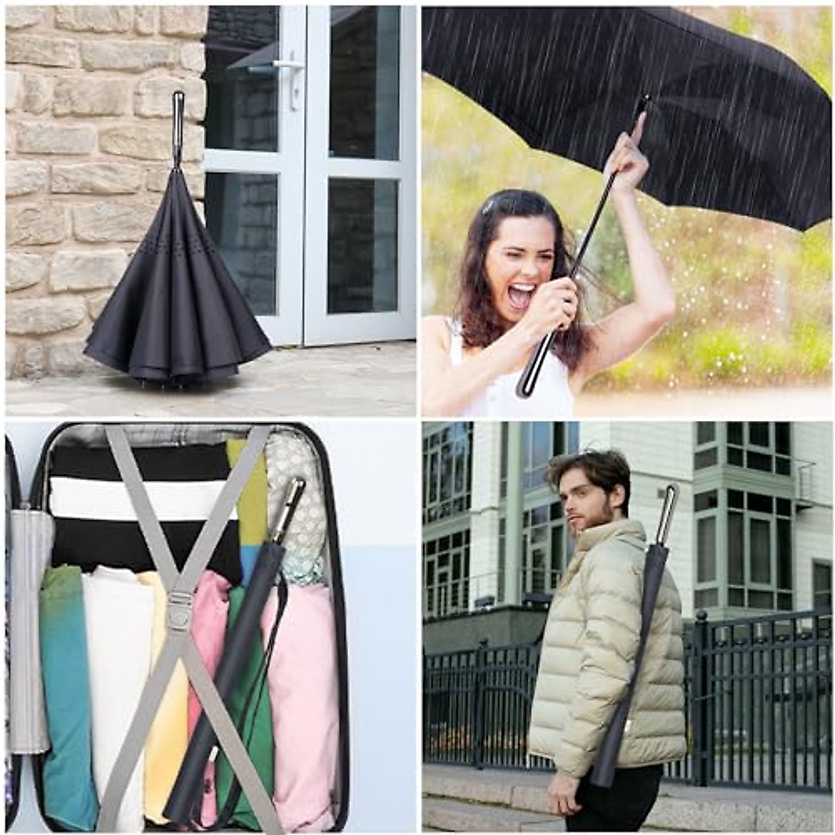 LFLFWY Inverted Reverse Upside Down Umbrella Windproof Strong - 49 inch Vented Double Canopy Large Stick Umbrellas for Rain Waterproof Golf Car Travel Umbrella - Men and Women