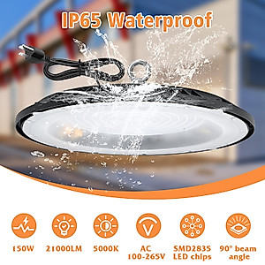 Flyship UFO LED High Bay Light, 150W High Bay LED Shop Lights 21000LM 5000K, UFO LED High Bay Light for Garage Warehouse Workshop Factory Gym Barn, 5Ft Power Cord, IP65 Waterproof, 4 Pack