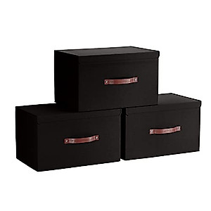 Ornavo Home Foldable Collapsible XLarge Storage Box Bins Linen Fabric Shelf Basket Cube Organizer with Leather Handles and Lid - Set of 3 - 16.5 x 11.8 x 7.5 - Black