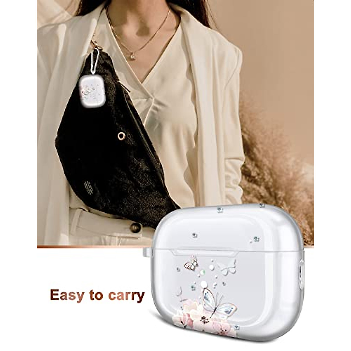 JAHOLAN for Airpods Pro 2nd Generation Case Cover Gold Plated Butterfly Design Protective TPU Skin for Women Girl with Keychain Compatible with AirPods Pro 2019/Pro 2 Gen 2022, Flower Pink