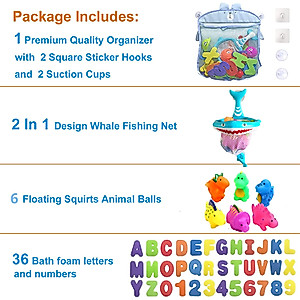 Baby Bath Toys,Bath Toys,Bath Toy Storage,Bath Toys for Toddlers 1-3,Bath Toy Baby Bath Set，Letters & Numbers, Bath Toy Organizer Dinausors Toys , Water Spray Bath Set with Fishing Net(44)