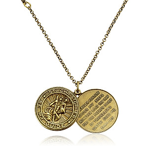 Symbols of Faith Brass-Tone with Purple AB Accent St. Christopher Slide Prayer Pendant Necklace, 36"