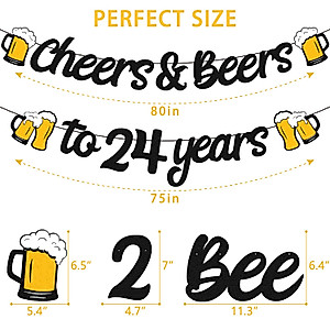 24th Birthday Decorations Cheers to 24 Years Banner for Men Women 24s Birthday Backdrop Wedding Anniversary Party Supplies Black Glitter Decorations PRE Strung