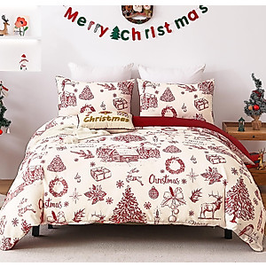 WONGS BEDDING Christmas Duvet Cover Set King, 3 Pcs Red Christmas Bedding Set with Elk, Snowflakes, Farmhouse, Soft Microfiber Comforter Cover Set Includes with 2 Pillowcases (Not Comforter)