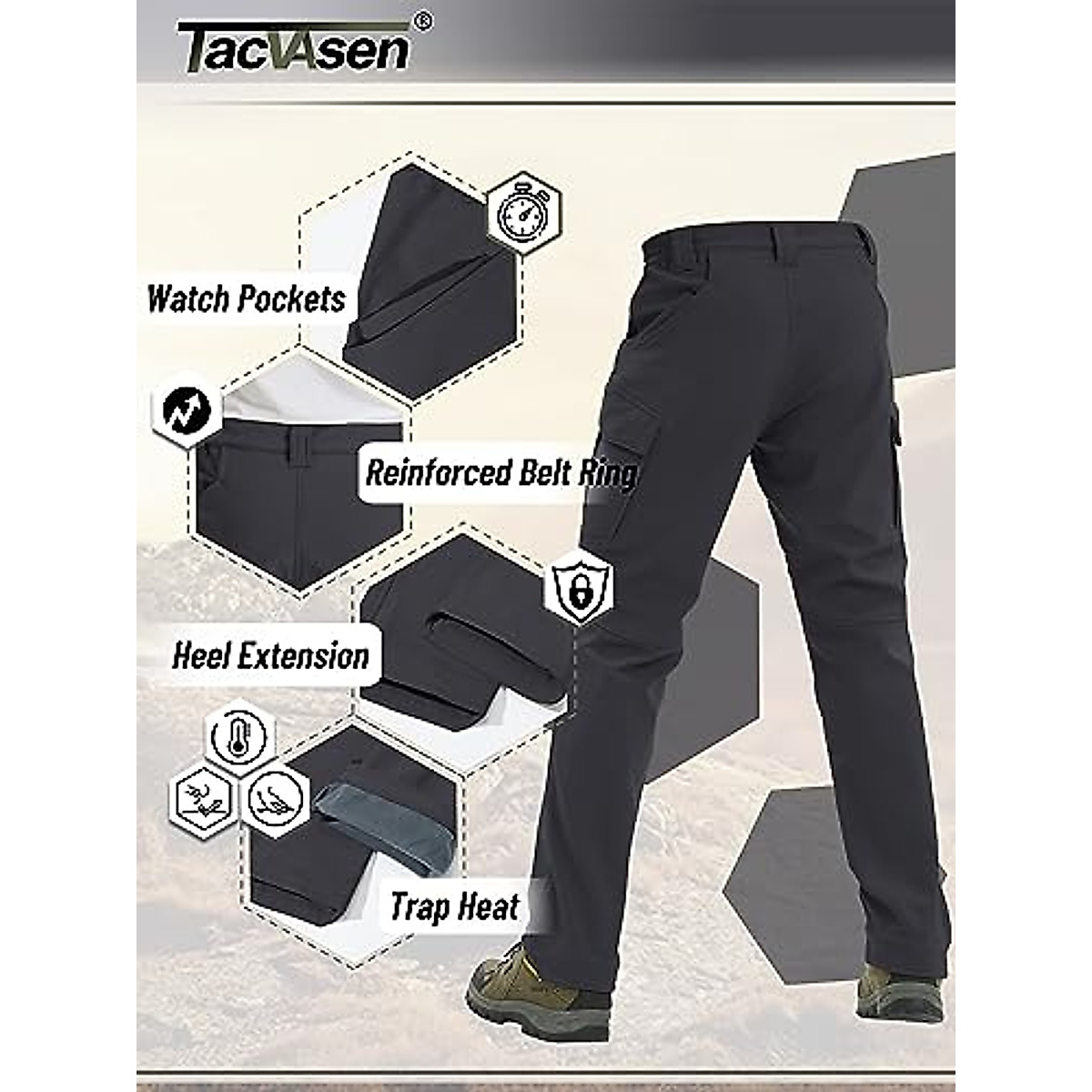 TACVASEN Men's Snow Ski Pants Insulated Thermal Warm Water Resistant Pants with Fleece Lined Utility Pockets Pants Mens Millitary Airsoft Army Pants