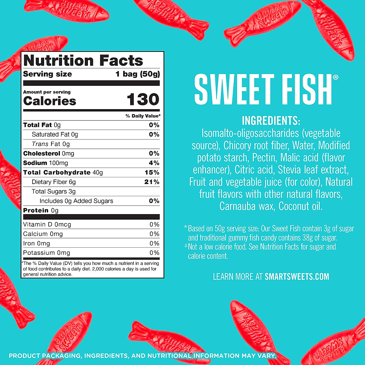 SmartSweets Sweet Fish, Low Sugar Gummy Candy (3g), Low Calorie (130), Gluten-Free -1.8oz (Pack of 12) Packaging may vary