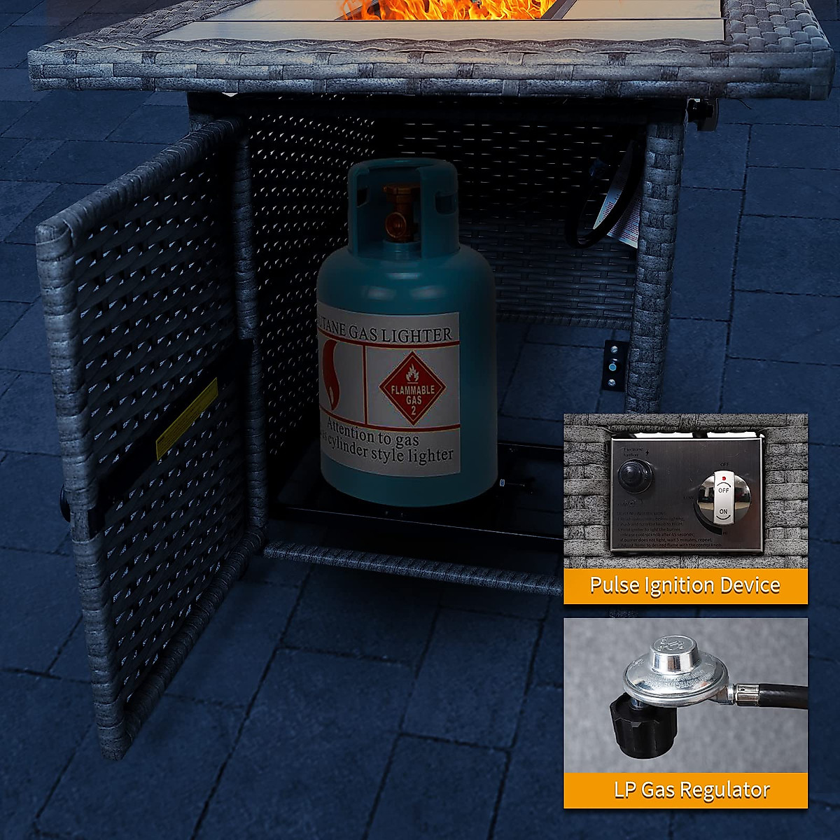 60000 BTU Wicker Gas Fire Pit Outdoor Fire Pit Table 45 Inch Fire Pits for Outside with Woodgrain Marble Tabletop Fire Pit Cover and Blue Crystal Beads