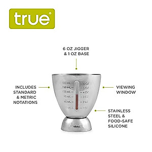 True Vista Double Jigger for Bartending, 6 Ounce Measuring Cup & 1 Ounce Cocktail Jigger Base, Stainless Steel Silver Polish Alcohol Measuring Tools & Barware Essentials, Set of 1, Silver