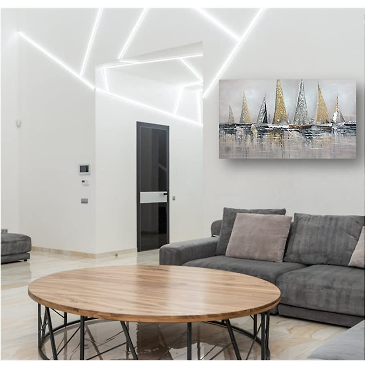 [SPRING BIG SALES] PAVILIART Golden & Silver Sailboats at the shore, Size 24" x 48", Hand Painted Abstract Seascape, Palette Knife Oil Painting on Canvas, Wall Art Decoration, Wood inside framed , Easy Hanging in Living Room