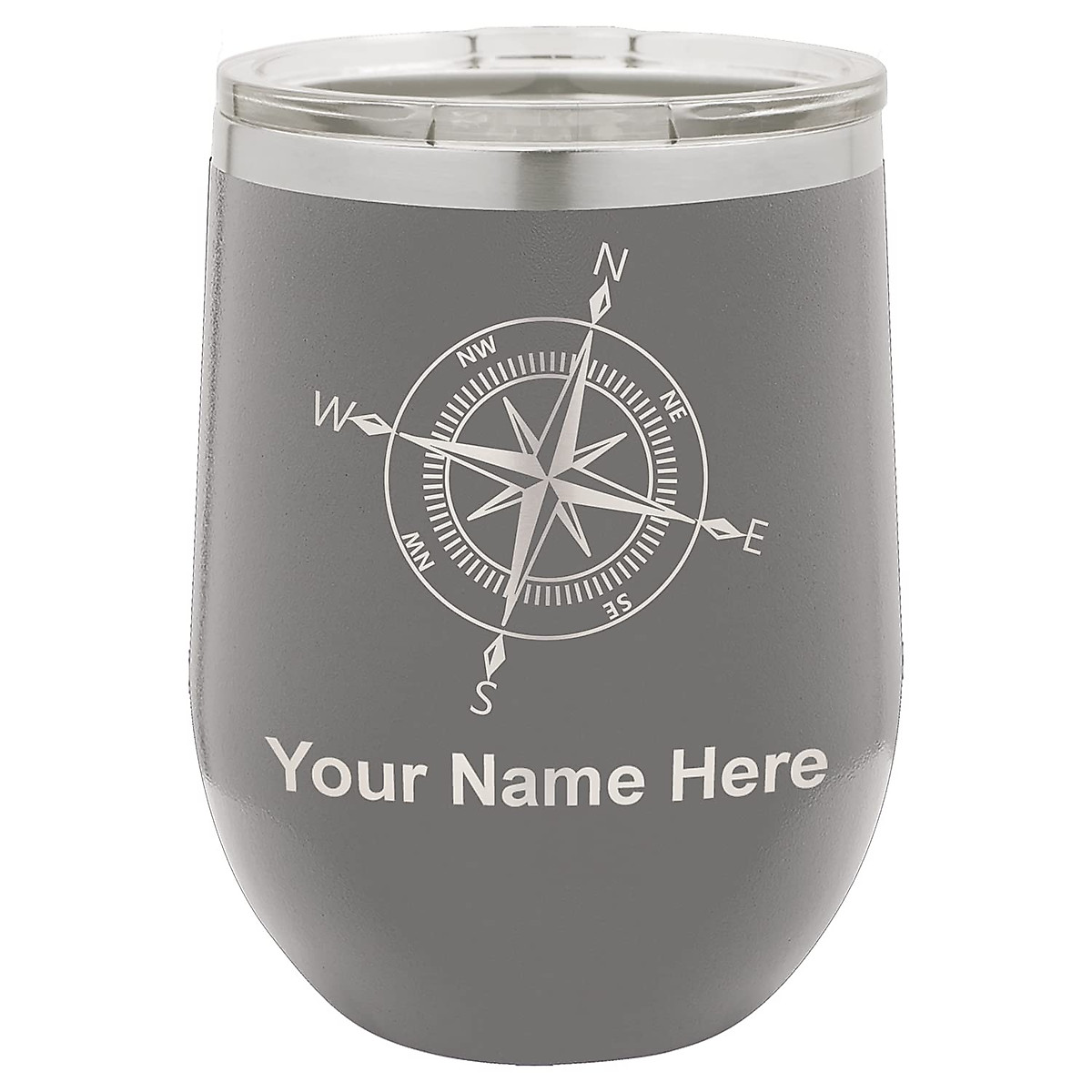 LaserGram Double Wall Stainless Steel Wine Glass Tumbler, Compass Rose, Personalized Engraving Included (Gray)
