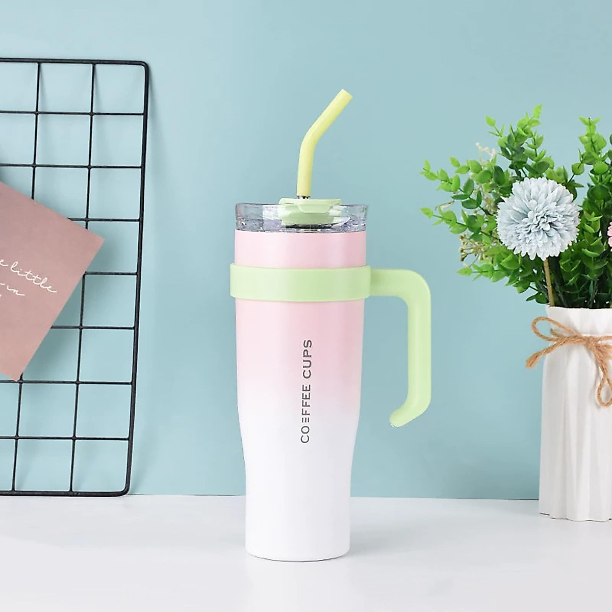 Taumy Large capacitly stainless steel drinking cup with handle and straw, Reusable, Easy to clean, Leak-proof andinsulated travel mug (Pink)