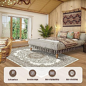 Area Rug Living Room Rugs: 8x10 Washable Oriental Persian Carpet for Bedroom Under Dining Table Large Farmhouse Floral Distressed Indoor Non Slip Decor Home Office Nursery - Beige