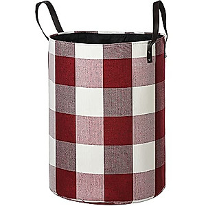 Haundry Foldable X-Large Laundry Hamper with Durable Leather Handles, 22'’ Tall Large Round Laundry Basket for Clothes Storage, Red Buffalo Plaid