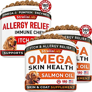 Allergy Relief + Omega 3 Dogs Bundle - Itchy Skin Treatment + Allergy & Itch Relief - Omega 3 & Pumpkin - Dogs Itching & Licking Treats + Relief Skin&Coat Supplement - 540 Chews - Made in USA