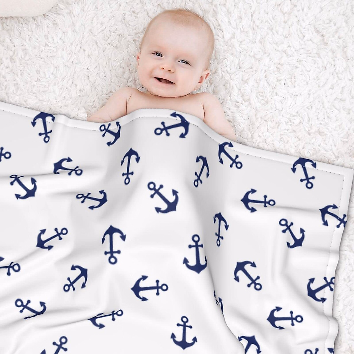 Baby Blanket Anchor for Boy Girl White Navy Marine Newborn 30x40 Inch Toddler Infant Nursery Throw Blankets Double Layer Comfy Soft Plush Stroller Crib Quilt