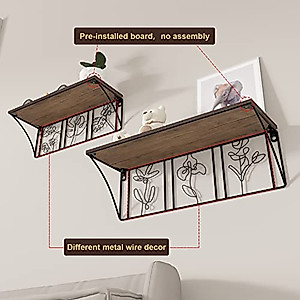 QUTREY Plant Wall Art Floating Shelves Set of 2, Minimalist Metal Abstract Decor Rustic Wooden Shelf for Living Room, Bedroom, Bathroom