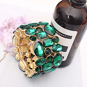 Enrwin Women’s Wedding Bridal Crystal Leaf Flower Stretch Bangle Elastic Wide Bracelet Jewelry for Brides Bridesmaid (Emerald-Gold Plated, Alloy)