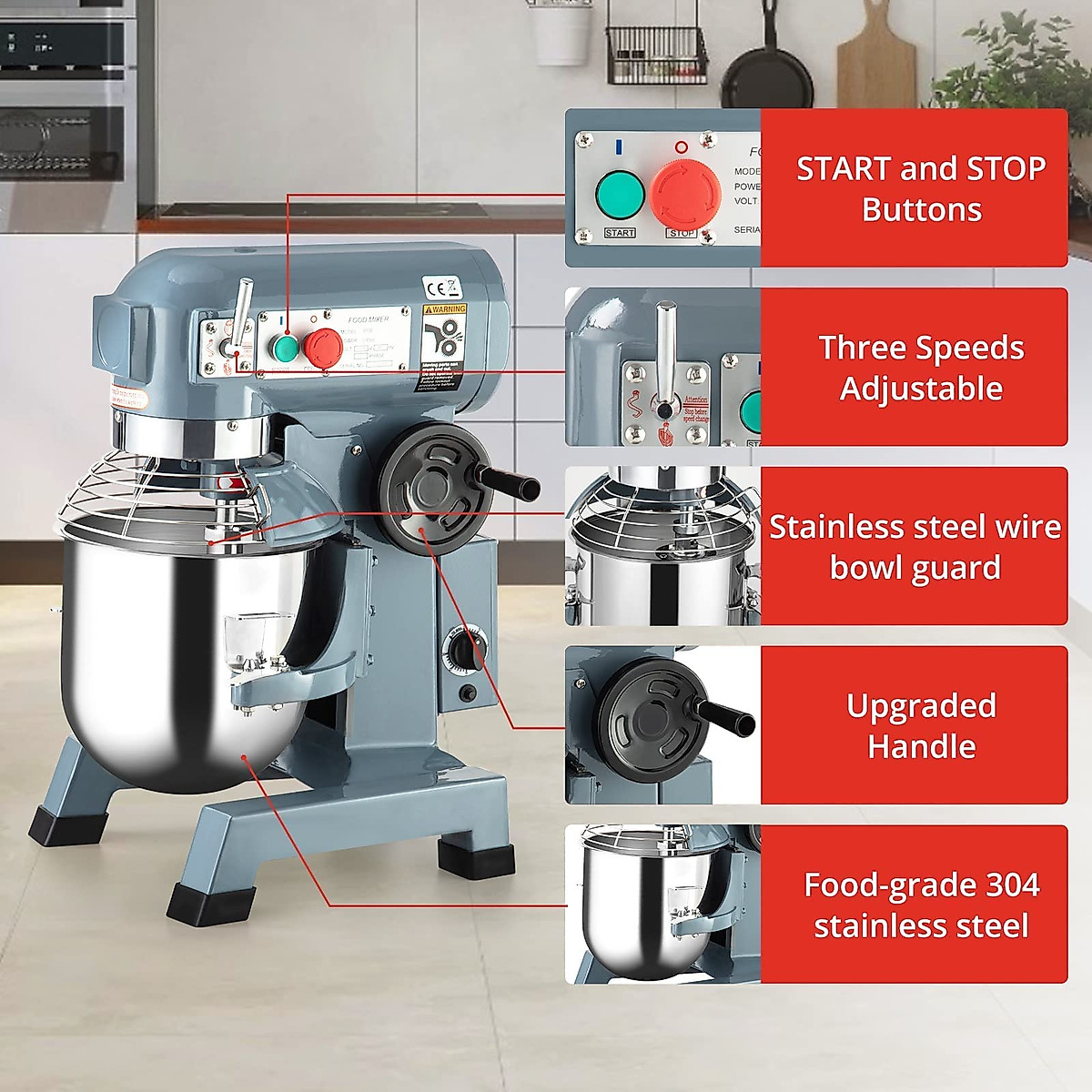 Commercial Food Mixer 15QT 600W 110V 3 Speeds Adjustable, Stand Mixer Dough Kneading Machine with Stainless Steel Bowl Dough Hooks Whisk Beater, With Safety Guard for Bakeries Restaurants Pizzerias