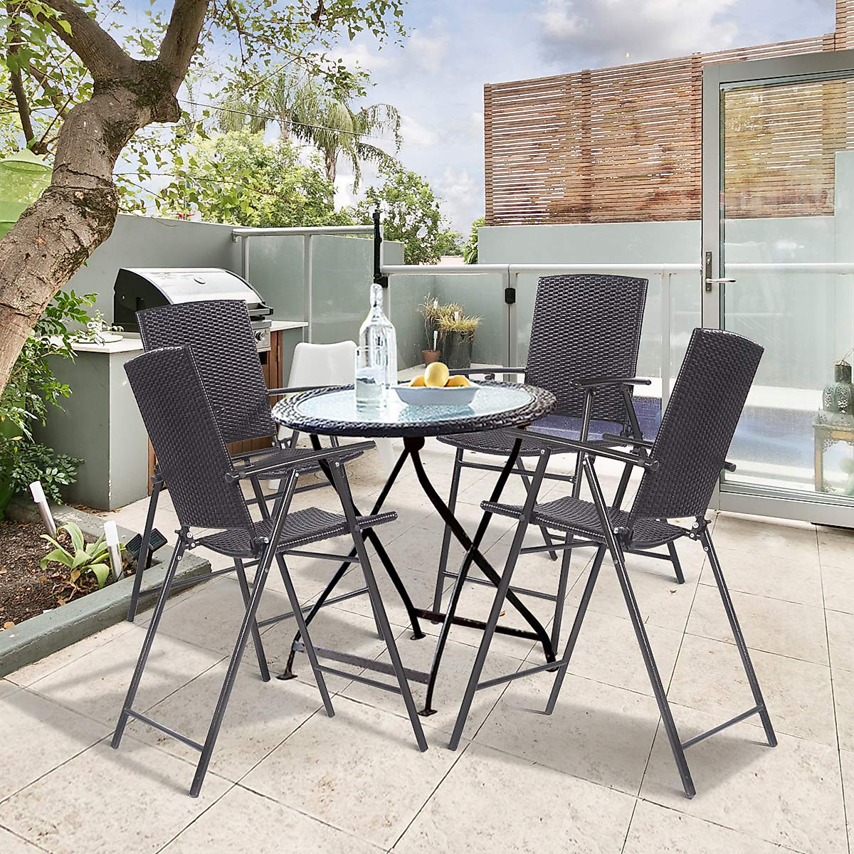 S AFSTAR Folding Wicker Chair Set of 4, Portable Tall Rattan Chairs for Patio Balcony Backyard, Folding Patio Chair with Armrests