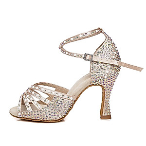 Minishion Women's Ankle Strap Beading Nude Satin Ballroom Dance Shoes Evening Sandals US 4