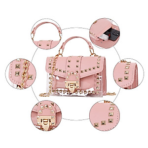 Qiayime Womens Fashion Purses and Handbags Shoulder Bag Ladies Rivet PVC Jelly Purse Designer Satchel Messenger Tote Bag (Pink)