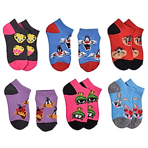 Looney Tunes Girls' 6-Pack No Show Socks, Charcoal Heather, 6/8