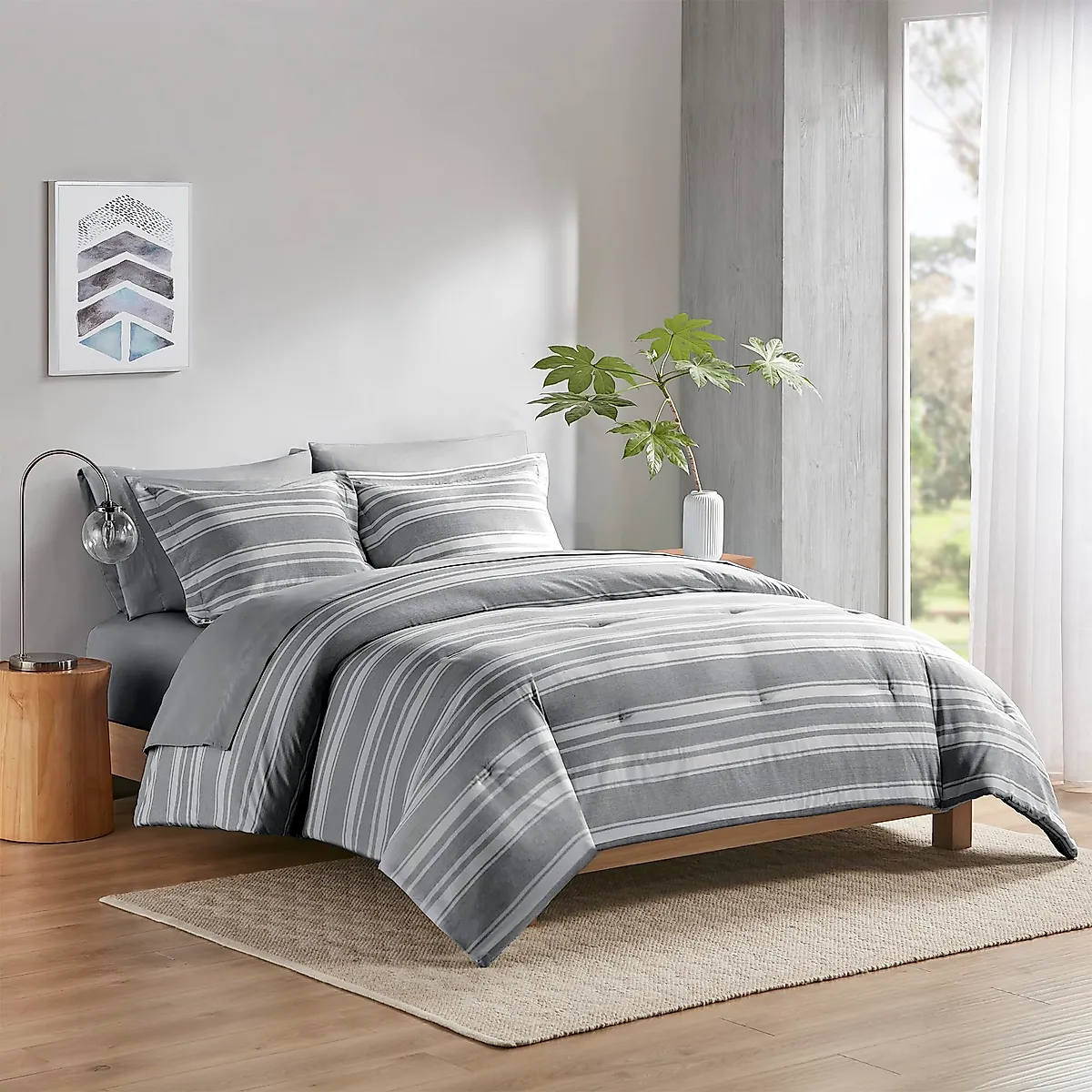 Queen Size Bed in a Bag, Full Bedding Sets, Modern Farmhouse Grey and White Striped Comforter with Sheets, 7-Piece Complete Bedroom Set