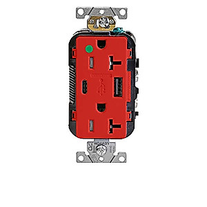 Leviton T5833-HGR Heavy-Duty Hospital Grade, Tamper Resistant, Type A-C USB Charger Receptacles, 20 Amp, Red