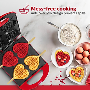 Holstein Housewares - Non-Stick Heart Waffle Maker, Red - Makes 4 Heart-Shaped Waffles in Minutes