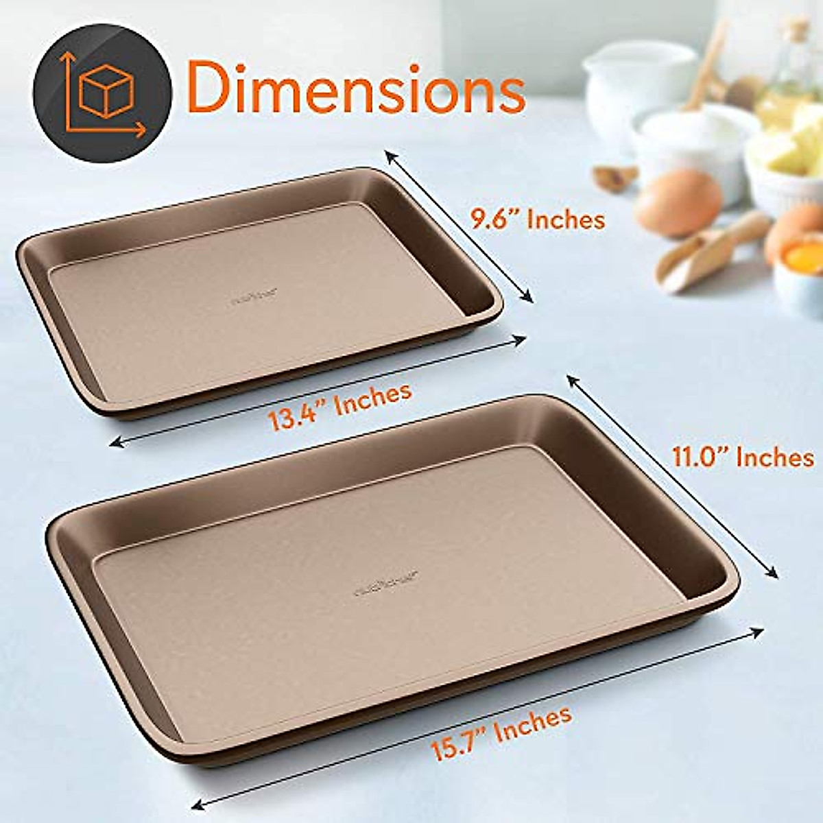 NutriChef Nonstick Cookie Sheet Baking Pan | 2pc Large and Medium Metal Oven Baking Tray - Professional Quality Kitchen Cooking Non-Stick Bake Trays w/Rimmed Borders, Guaranteed NOT to Wrap