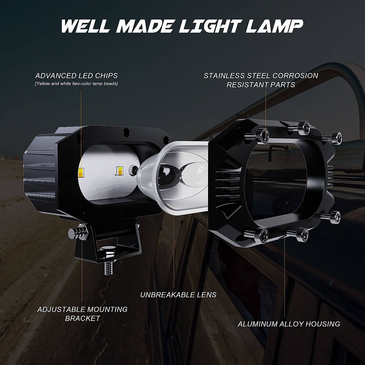 ASLONG 2PCS 4Inch LED Flood Single Row White/Amber Flasing Strobe Pods Work Lights Off Road Driving Fog Lights with Switch Wiring Harness for Truck, 4x4, SUV, ATV