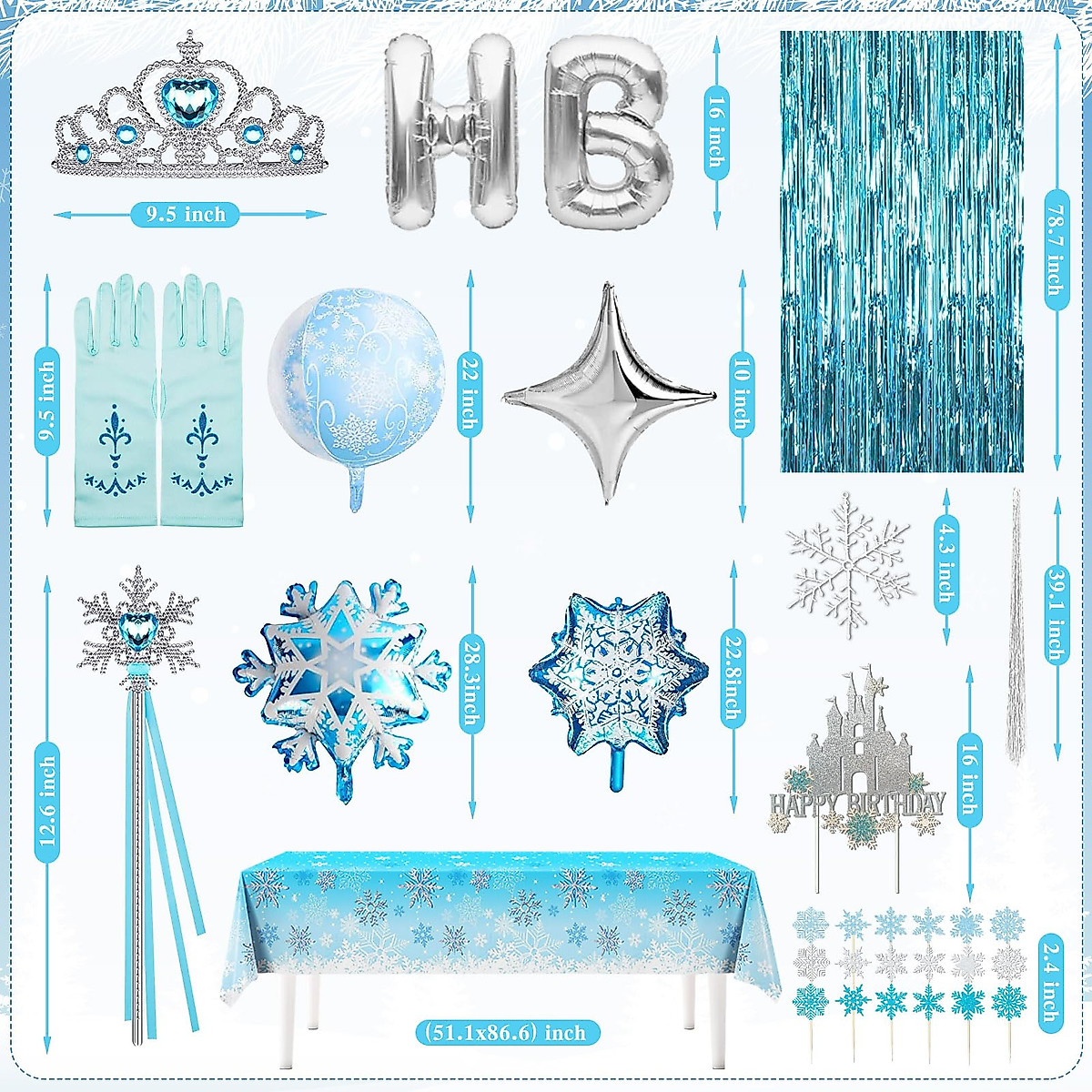 Frozen Birthday Party Supplies Winter Decoration Pack 117 Pcs Wonderland Snowflake Princess Party Decors for Girls (Backdrop, Tablecloth, Banner, Foil Balloons, Balloons Garland)