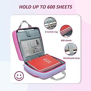 Ytonet Zipper Binder 3 Ring, 3 Inch Binder with Zipper Fit 15.6 in Laptop, 600 Page Extra Large Multi-Pocket School Binders Organizer with Shoulder Strap Handle for Girls Kids Women Student, Blue-Pink