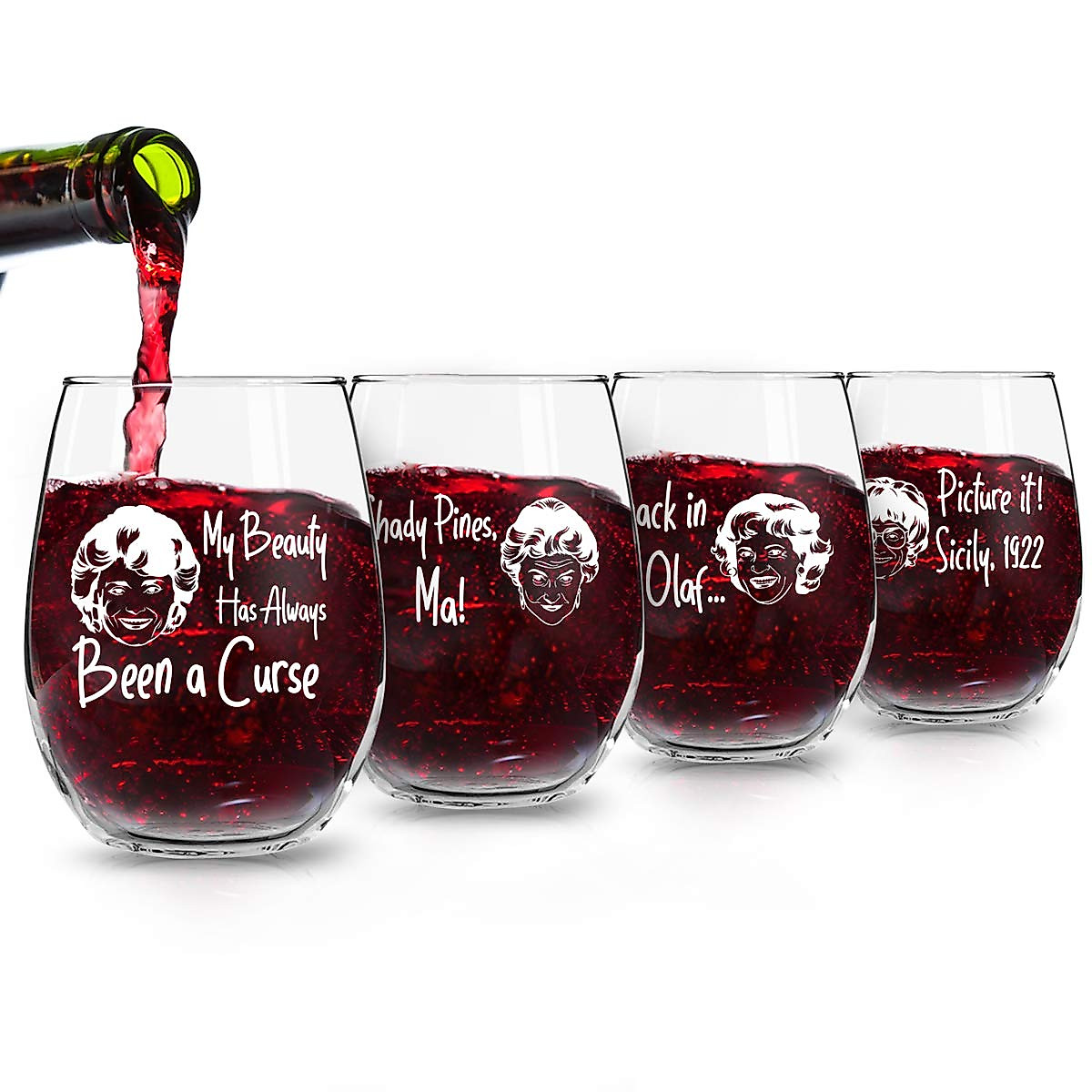 DU VINO Golden Girls Inspired Stemless Wine Glass Set of 4 (15 oz)- USA MADE-Funny Novelty Glasses for Party, Event, Girls Night-Gift For Mom, Women Best Friend- Fun Drinking for Bachelorette Parties