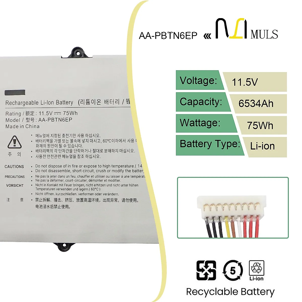 MULS AA-PBTN6EP 75Wh Laptop Battery for Samsung Notebook 9 900X3T 900X5T 930XBE 950XBE NP900X3T NP900X5T NP950XBE NT900X3T NT900X3U NT900X5T NT900X5U