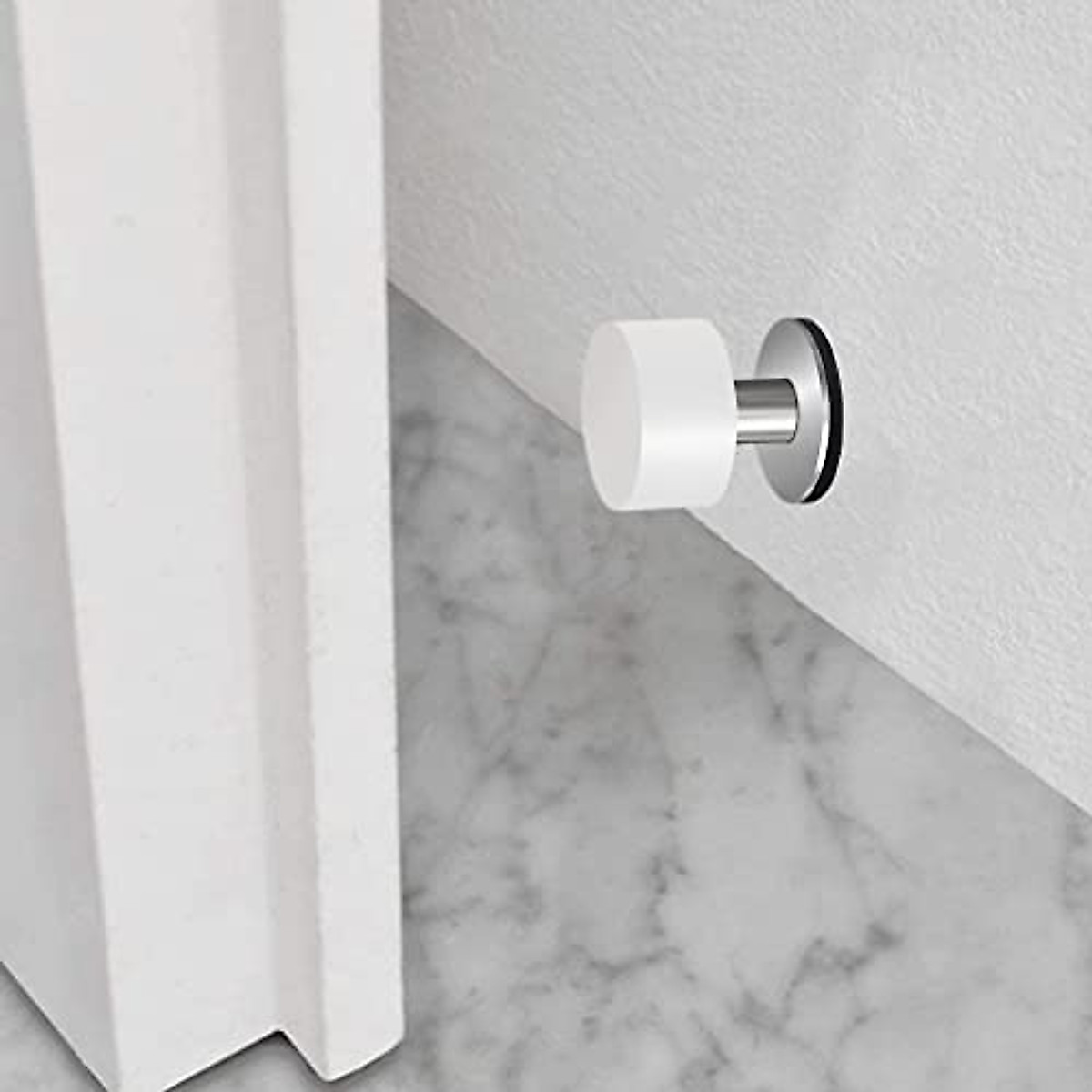 Door Stoppers with Extra Stickers, Self-Adhesive Door Stop with White Rubber & Stainless Steel Body - Heavy Duty Sound Dampening Door Bumpers for Home & Office, Door stoppers for Bottom of Door