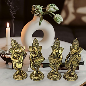 Design Toscano Musical Ganesha Hindu Elephant Men Band Statues, Set of Four Figurines, 7 inches tall, Cast Stone Resin, Antique Gold Finish