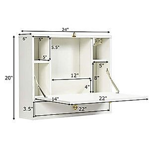 Tangkula Wall Mounted Desk, Folding Wall Table Floating Desk Wall Mount Laptop Desk, Space Saving Wall Mounted Table Wall Desk with Storage Drawer & Shelves (White)