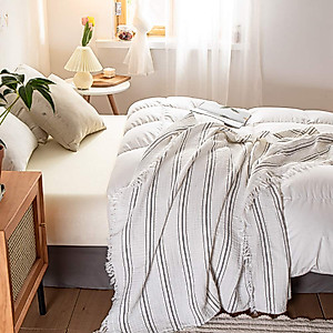 Simple&Opulence Yarn Dyed Striped Cotton Muslin Throw Blanket for Bed, Couch, Knit Woven Blanket with Tassels Soft Lightweight Cozy Pre-Washed Breathable Farmhouse Decoration for All-Season(Grey)