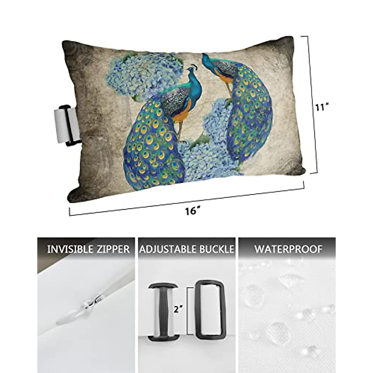 Prime Leader Recliner Head Pillow Ledge Loungers Chair Pillows with Insert Rustic Peacock Lumbar Pillow with Adjustable Strap Outdoor Waterproof Patio Pillows for Couch Beach Pool Office Chair, 2 PCS