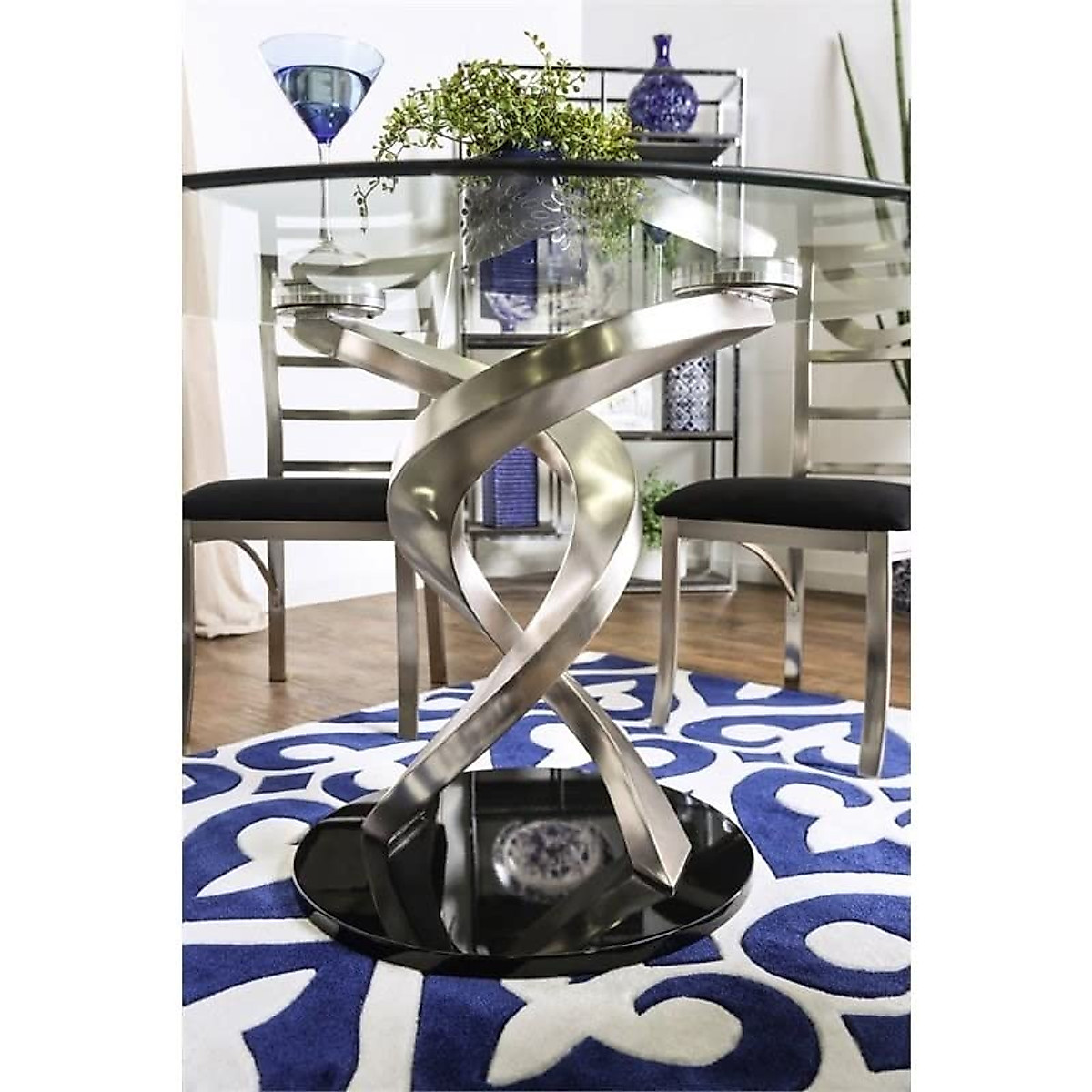 BOWERY HILL 48" Round Glass Top Modern Pedestal Base Dining Table in Chrome Satin